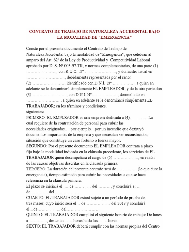 Contrato de Trabajo de Naturaleza Accidental Bajo La Modalidad de "Emergencia" | PDF | Derecho ...
