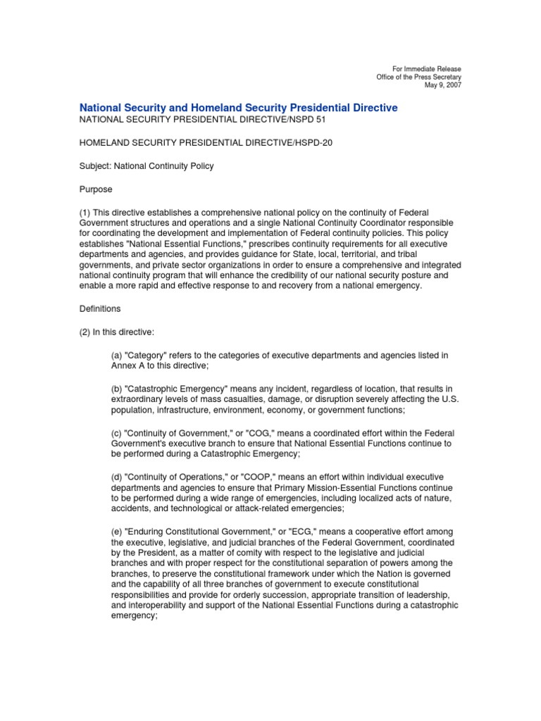 NSDD 51 and HSPD 20 National Continuity Policy PDF | PDF | Crime ...