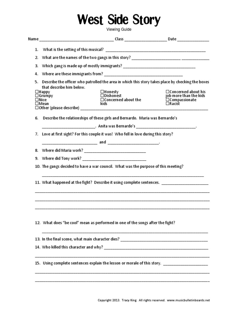 Westside Story Musical Viewing Guide Worksheet | PDF | Leisure | Violence