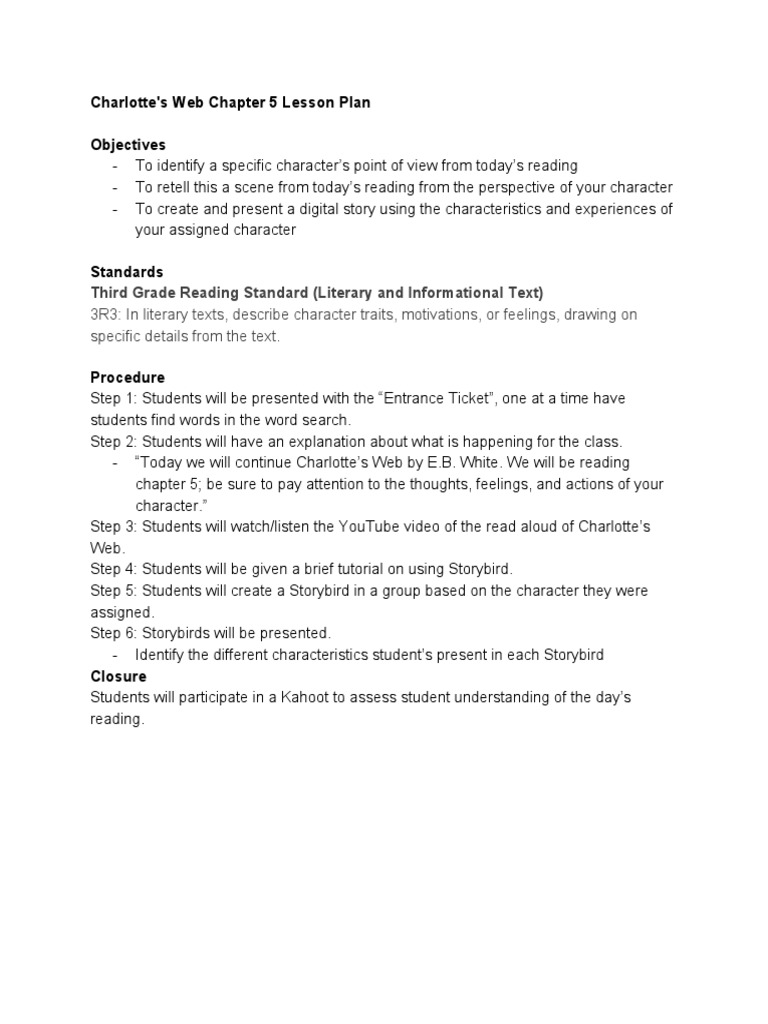 Charlotte's Web Chapter 5 Lesson Plan Objectives: Third Grade Reading ...