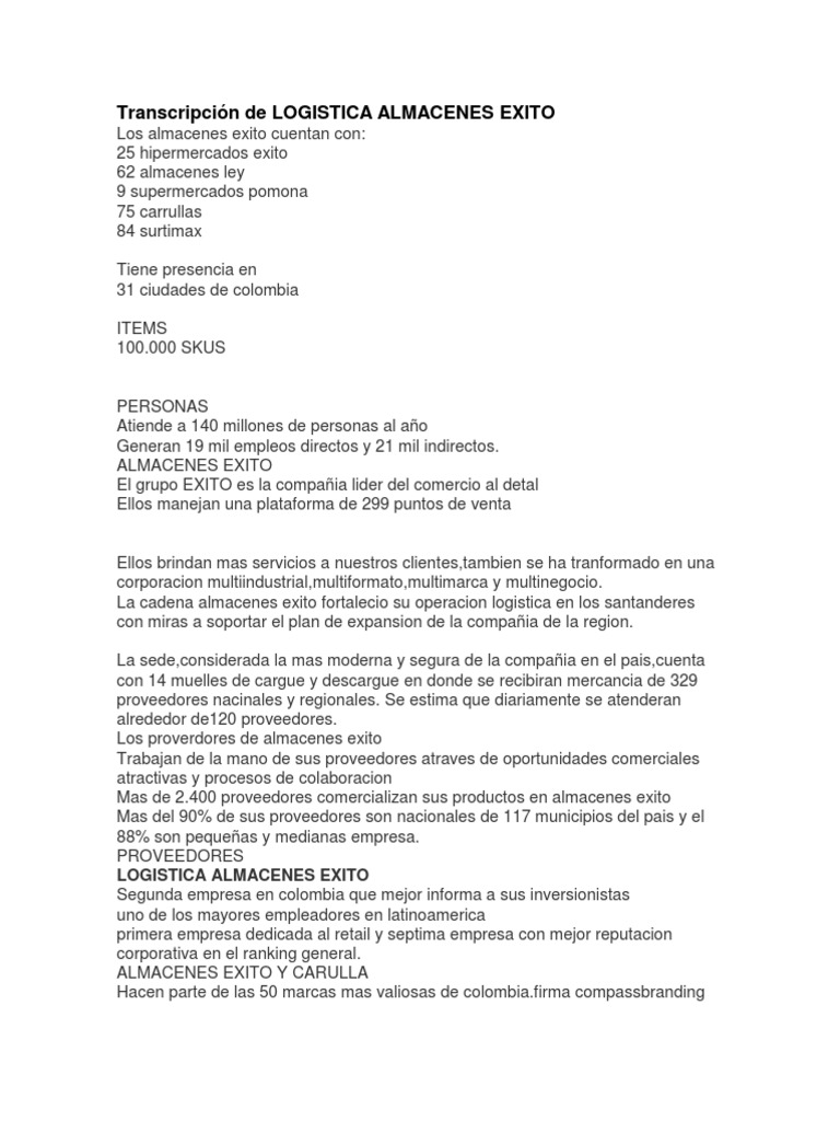 Operacion y Produccion EXITO | PDF | Logística | Procesos de negocio