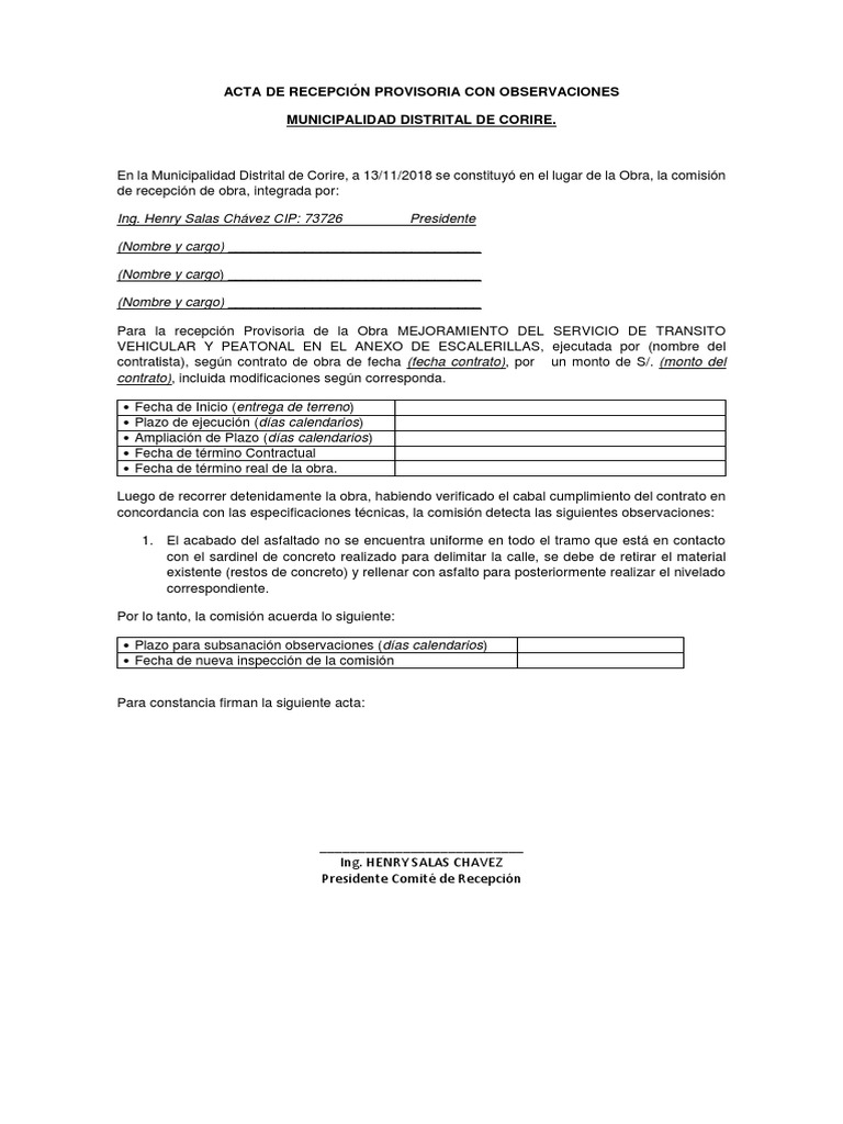 Acta de Recepcion Con Observaciones - Obra 1 | PDF