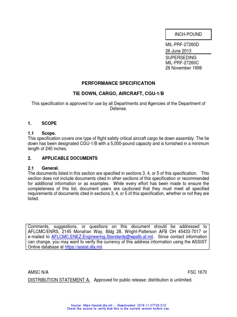 Performance Specification Tie Down, Cargo, Aircraft, Cgu-1/B | PDF ...
