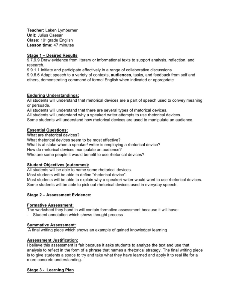 Julius Caesar Lesson Plan | Download Free PDF | Educational Assessment ...
