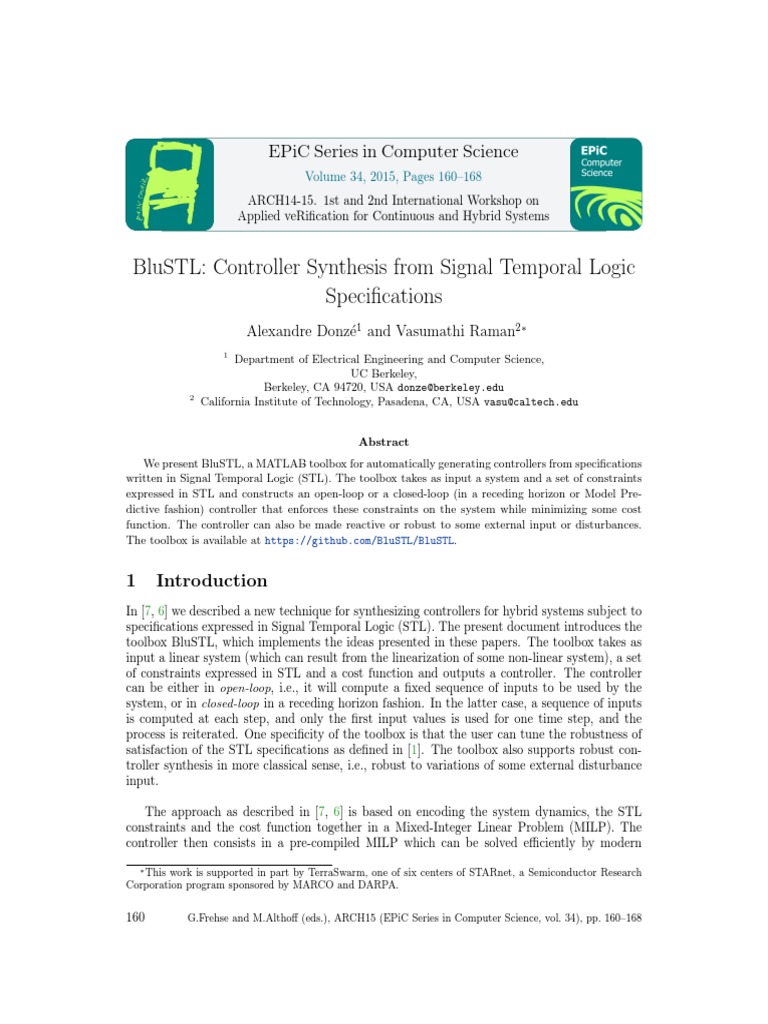 BluSTL Controller Synthesis From Signal Temporal Logic Specifications | PDF | Control Theory ...