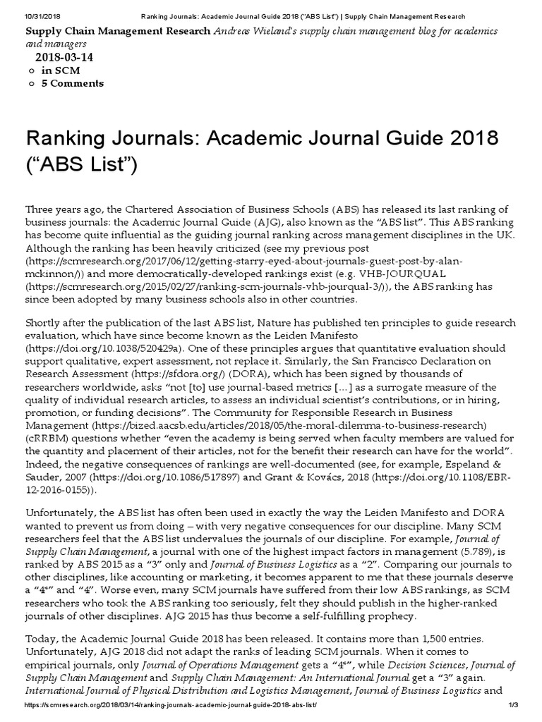 Ranking Journals - Academic Journal Guide 2018 ("ABS List") - Supply ...