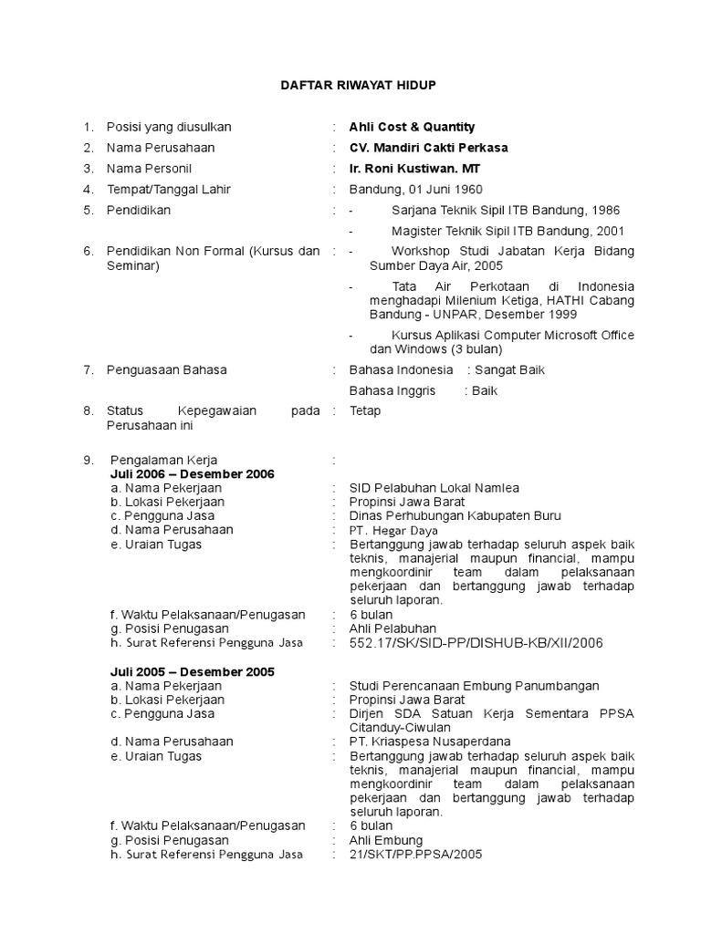 CV Ir. Roni Kustiwan | PDF