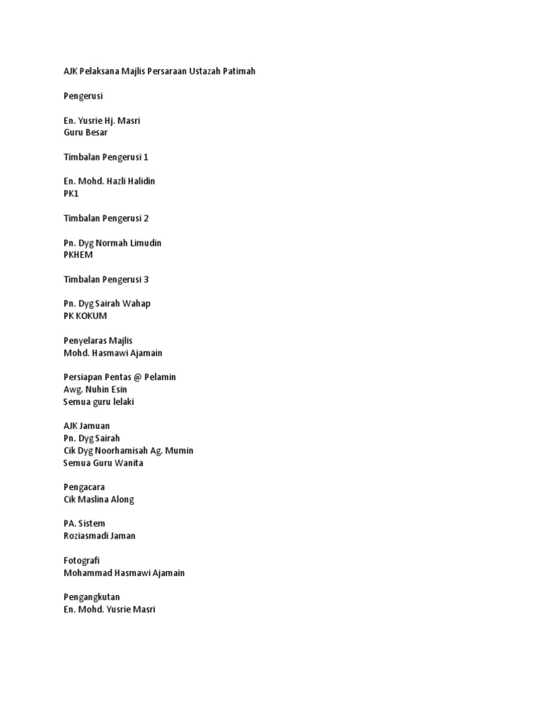 AJK Pelaksana Majlis Persaraan Ustazah Patimah | PDF