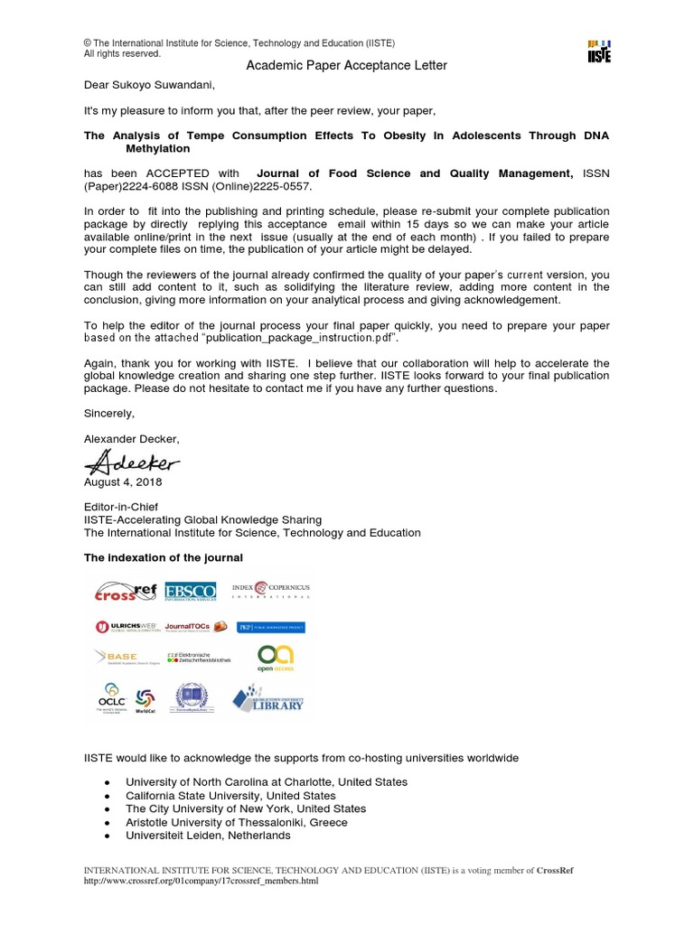 Academic Paper Acceptance Letter | PDF
