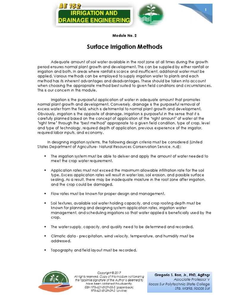 AE 152 M2 - Surface Irrigation | PDF | Irrigation | Plough
