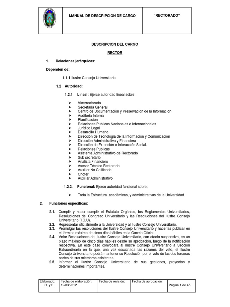 Manual de Funciones Rectorado PDF | PDF | Auditoría | Gestión de recursos humanos