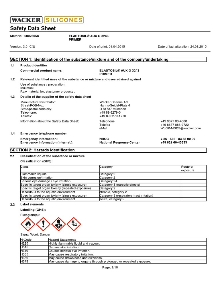 Elastosil Aux G 3243 - MSDS | PDF | Dangerous Goods | Toxicity