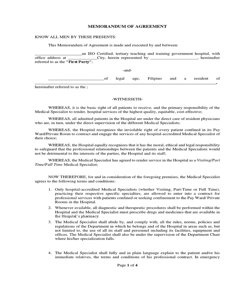 MEMORANDUM OF AGREEMENT Sample | PDF | Specialty (Medicine) | Hospital