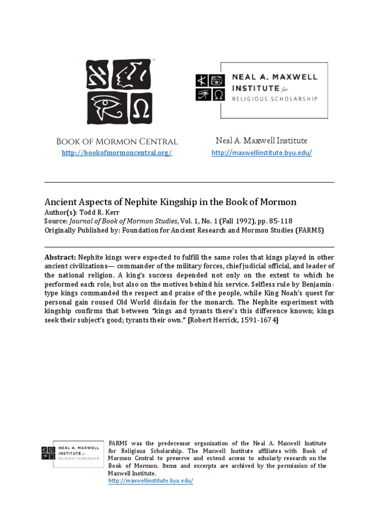 Todd R. Kerr Ancient Aspects of Nephite Kingship in The Book of Mormon ...