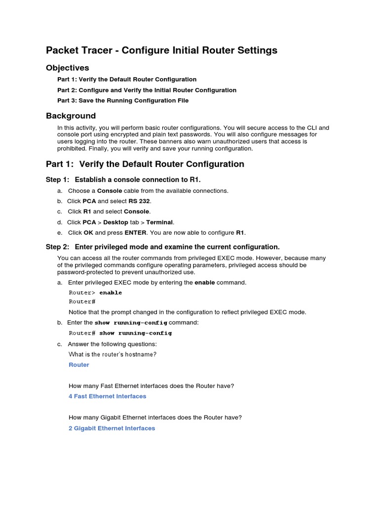 Packet Tracer - Configure Initial Router Settings: Objectives | PDF | Command Line Interface ...