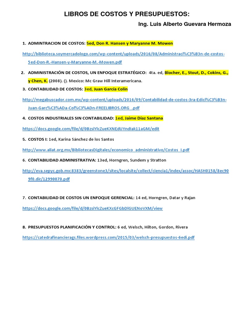 Libros de Costos y Presupuestos PDF | PDF