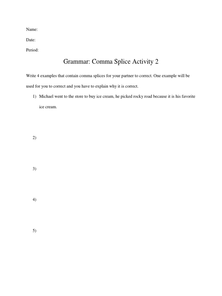 Comma Splice Activity 2 | PDF