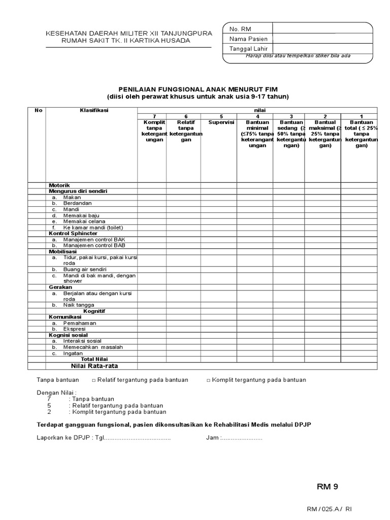 RM 9 - 10 Penilaian Fungsional Anak, 025.b Modified Weefim | PDF