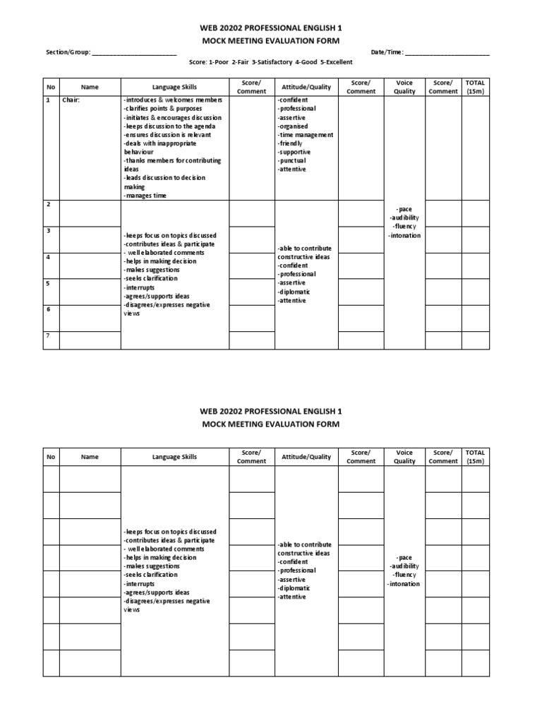Mock Meeting Evaluation Form | PDF | Psychological Concepts | Psychology