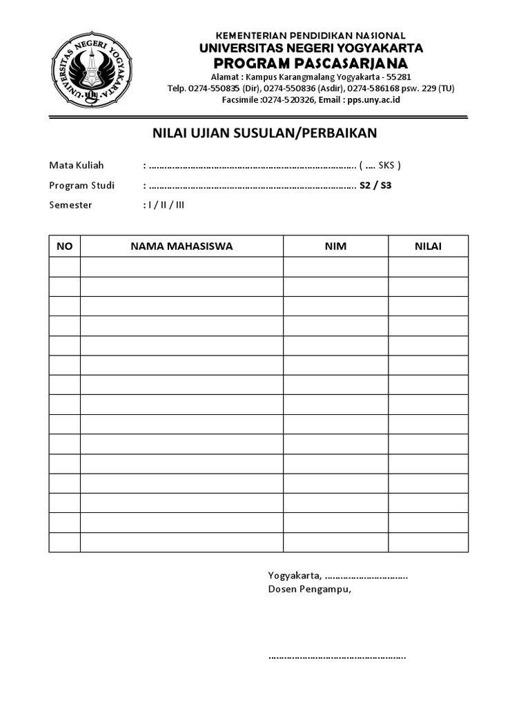 Form Nilai Ujian Susulan-Perbaikan | PDF | Karier & Perkembangan | Seni