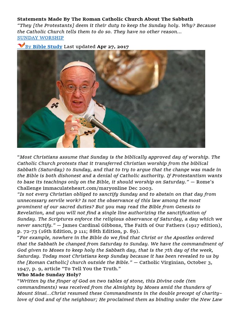 Statements Made by The Roman Catholic Church About The Sabbath | PDF ...