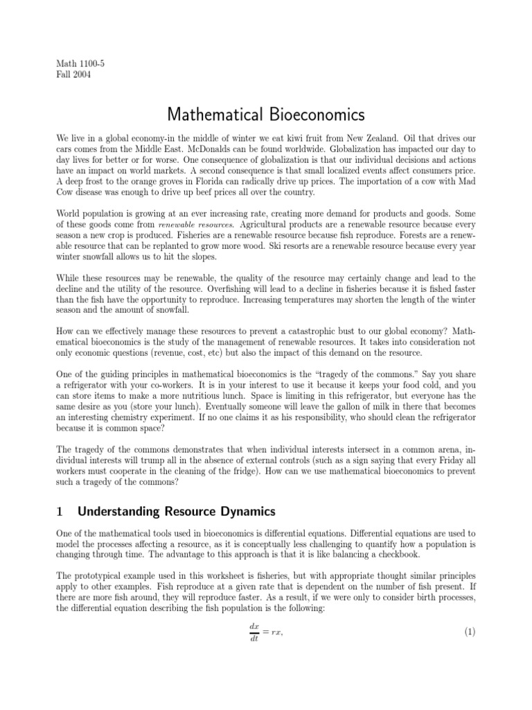 Mathematical Bioeconomics: 1 Understanding Resource Dynamics | PDF ...