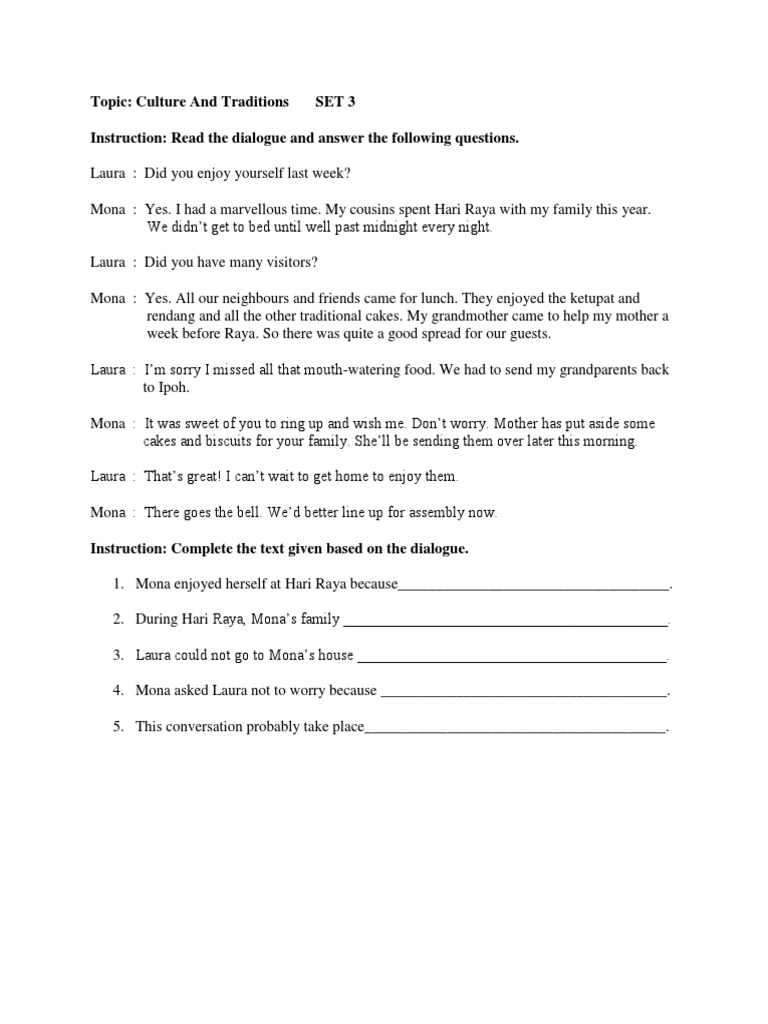 Topic: Culture and Traditions SET 3 Instruction: Read The Dialogue and ...