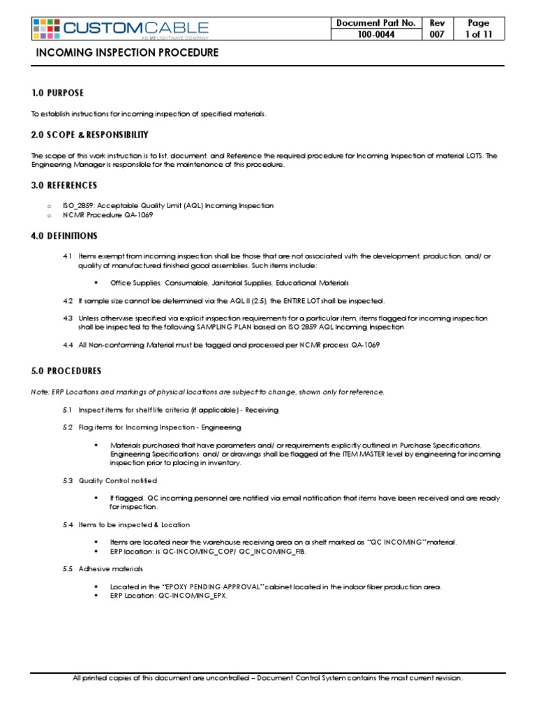 Incoming Inspection Procedure: Document Part No. Rev 100-0044 007 1 of ...