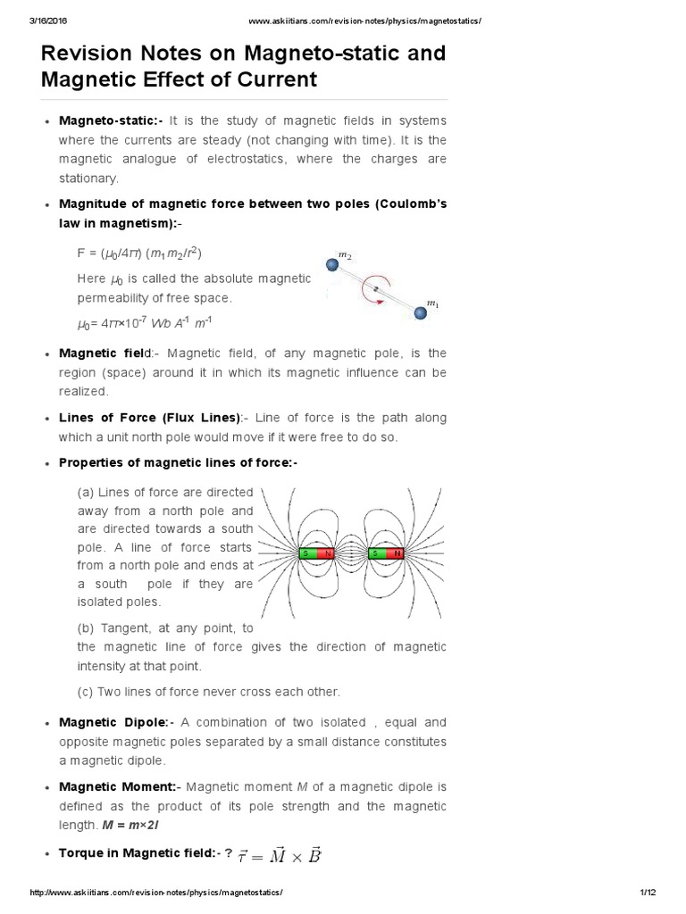 Magnetostatics Revision Notes | PDF | Magnetic Field | Magnetism