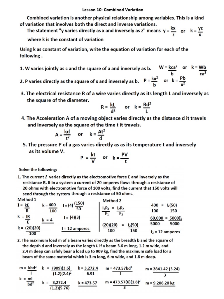 Lesson 10 Combined Variation | PDF