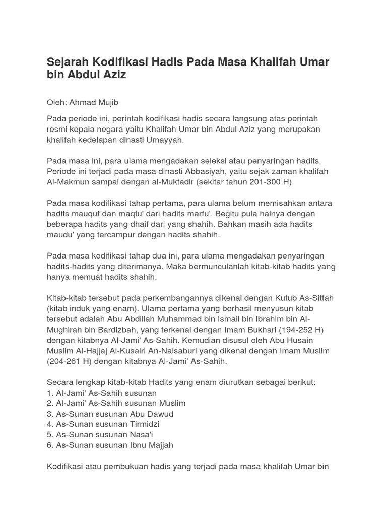 Sejarah Kodifikasi Hadis Pada Masa Khalifah Umar Bin Abdul Aziz | PDF