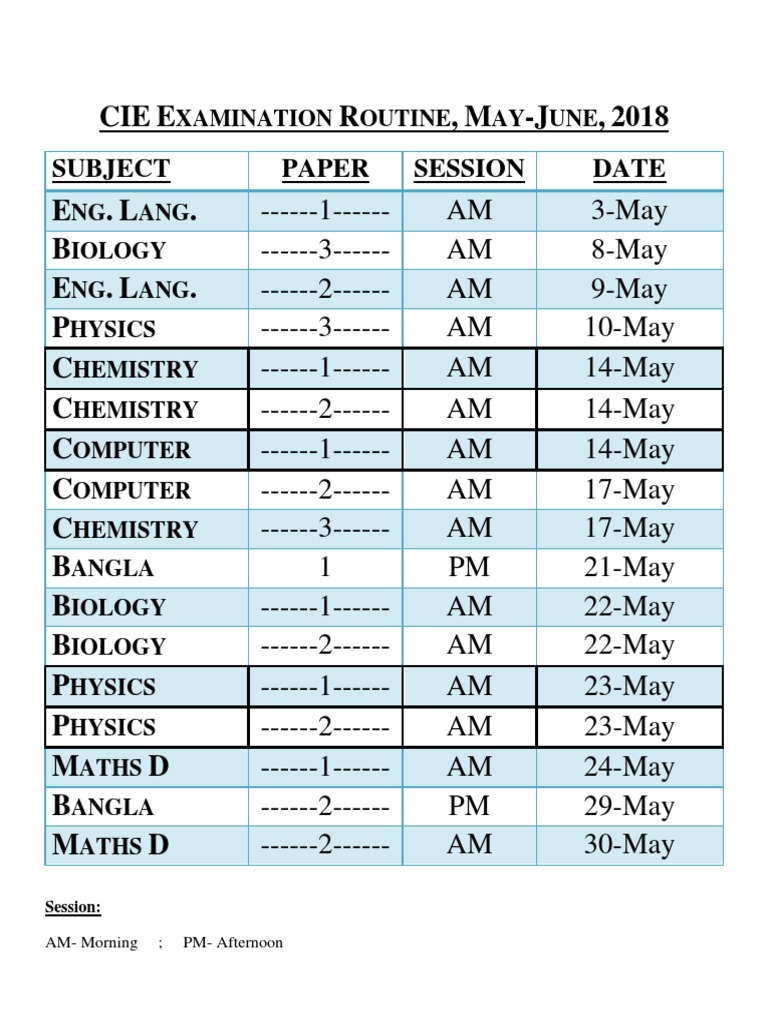 O Level Exam Routine - Raisa | PDF | Students | Statistics Of Education