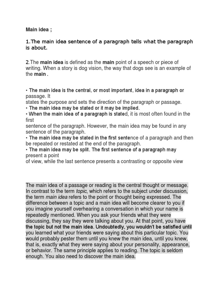 1.the Main Idea Sentence of A Paragraph Tells What The Paragraph Is ...