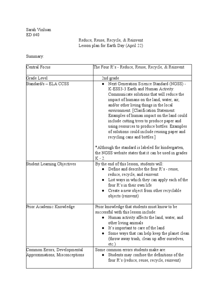 Earth Day Lesson Plan | PDF | Reuse | Recycling