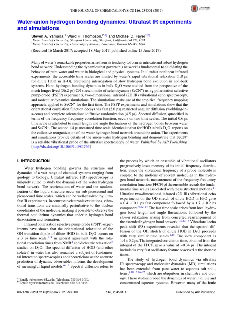 Water-Anion Hydrogen Bonding Dynamics: Ultrafast IR Experiments and ...