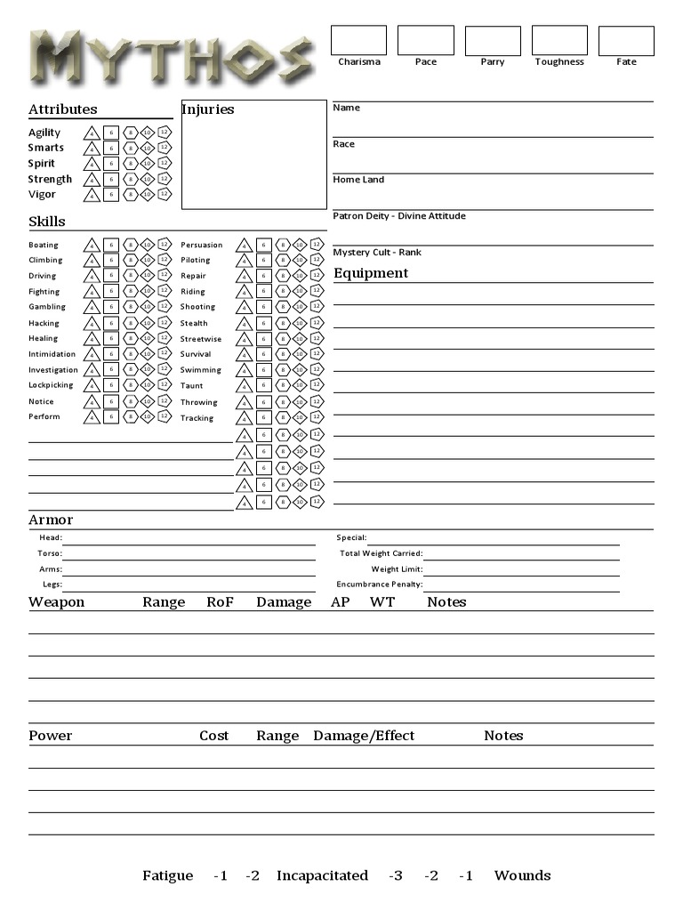 Savage Worlds - Mythos - Character Sheet | PDF | Role Playing ...