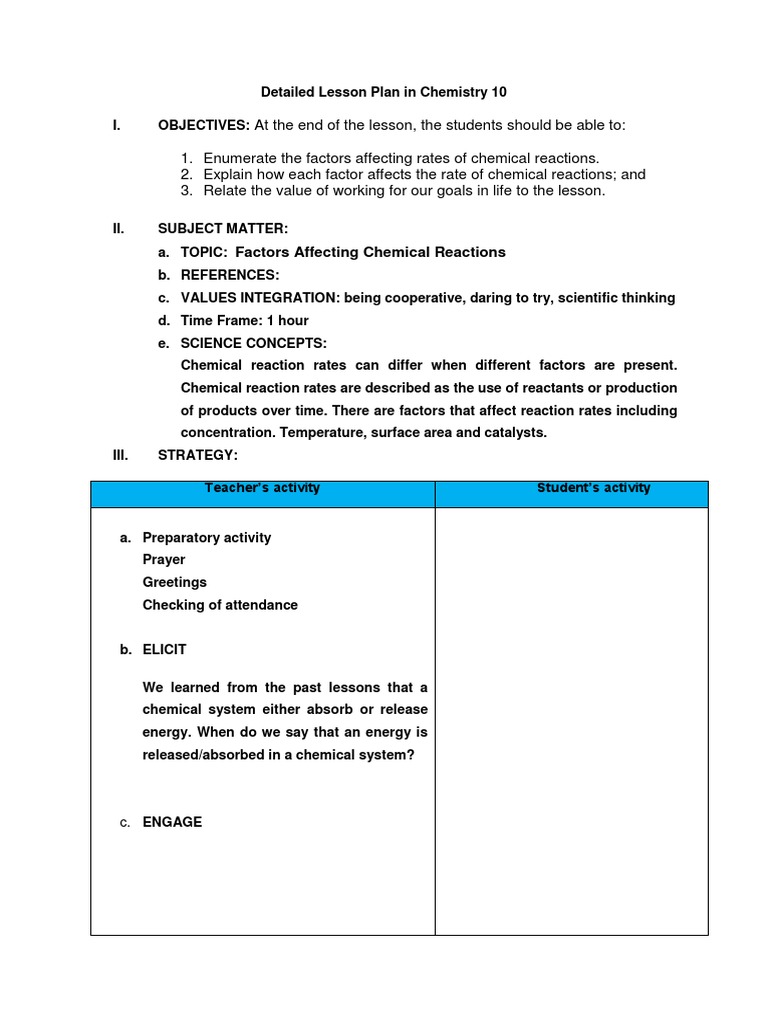 Detailed Lesson Plan in Chemistry 10q | PDF | Reaction Rate | Chemical ...