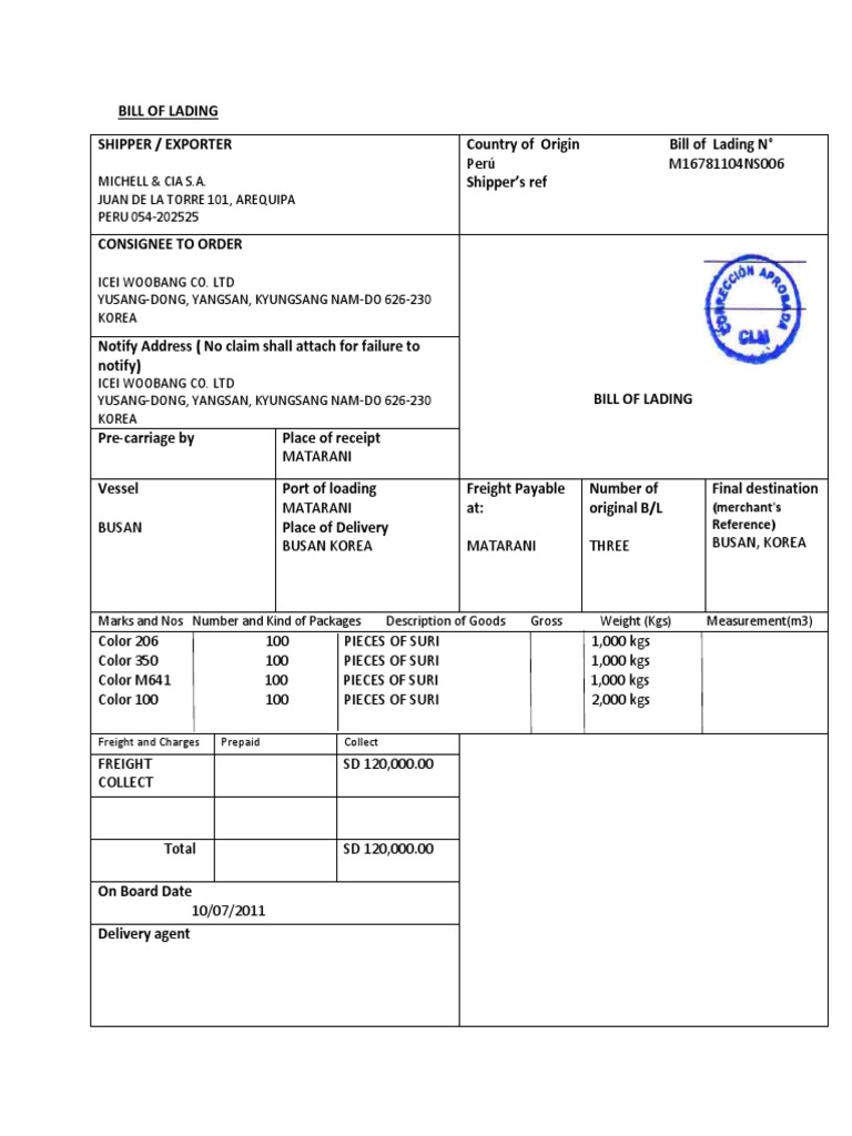 Bill of Lading Export Peru Korea | PDF