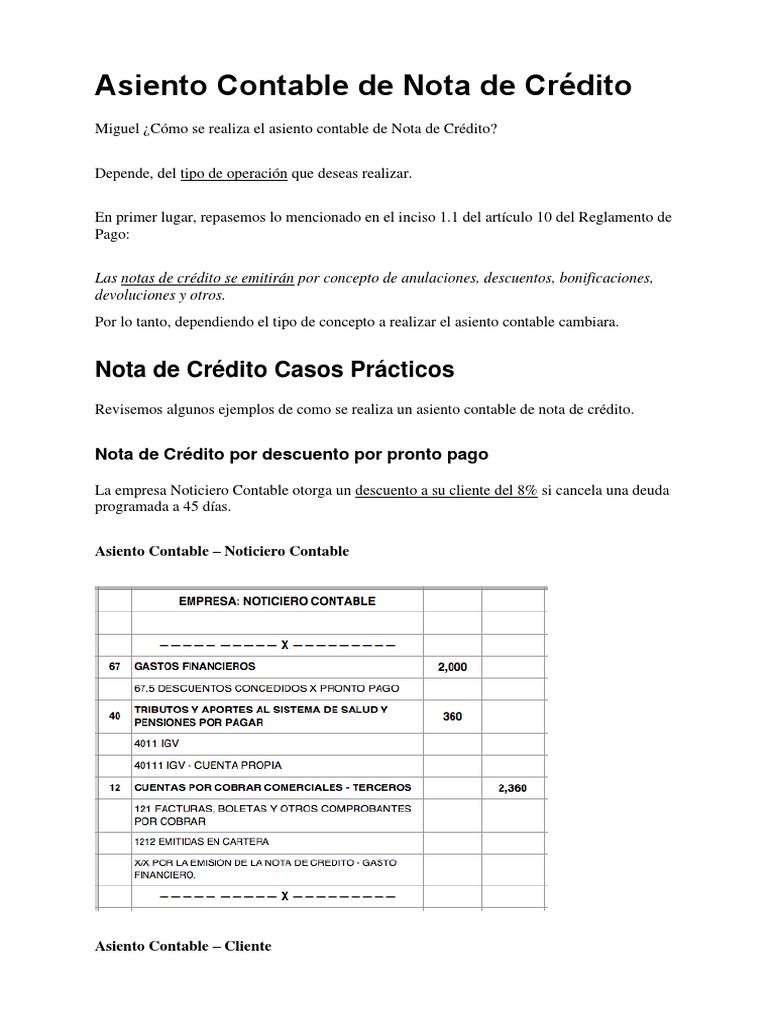 Asiento Contable de Nota de Crédito.docx | Crédito | Contabilidad ...