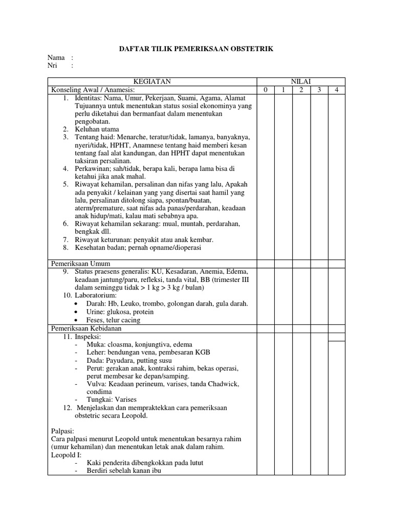 Daftar Tilik Pemeriksaan Obstetri | PDF