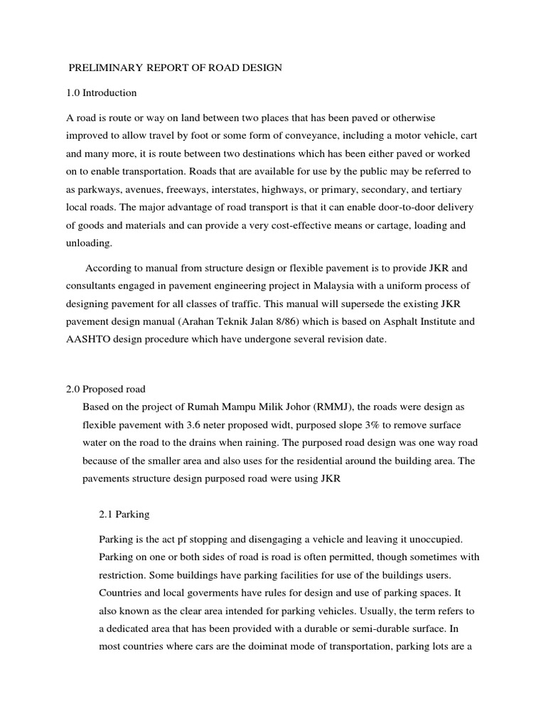 Preliminary Report of Road Design | Download Free PDF | Parking | Road