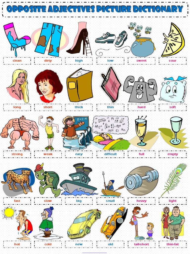 Opposite Adjectives Vocabulary Pictionary Poster Worksheet | PDF