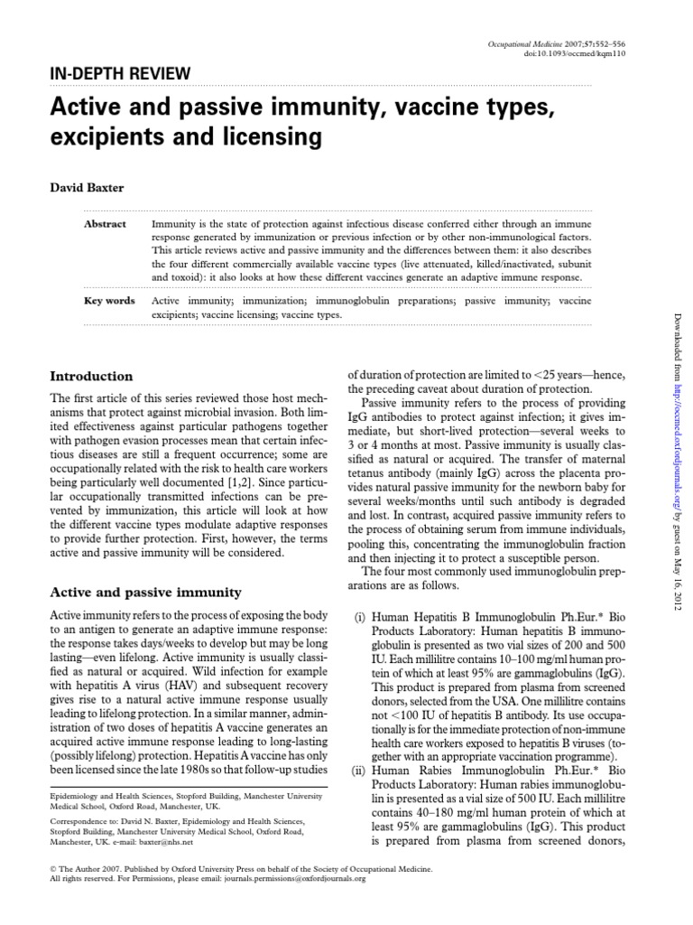 Active and Passive Immunity, Vaccine Types, Excipients and Licensing ...