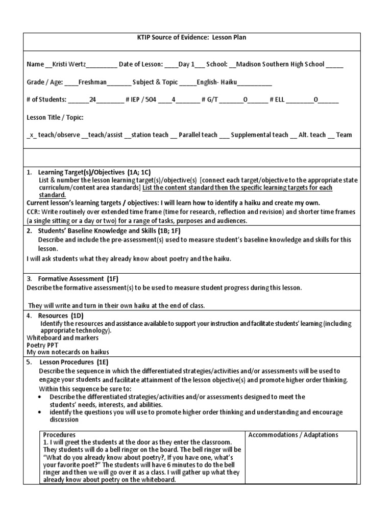 KTIP Source of Evidence: Lesson Plan | PDF | Educational Assessment ...