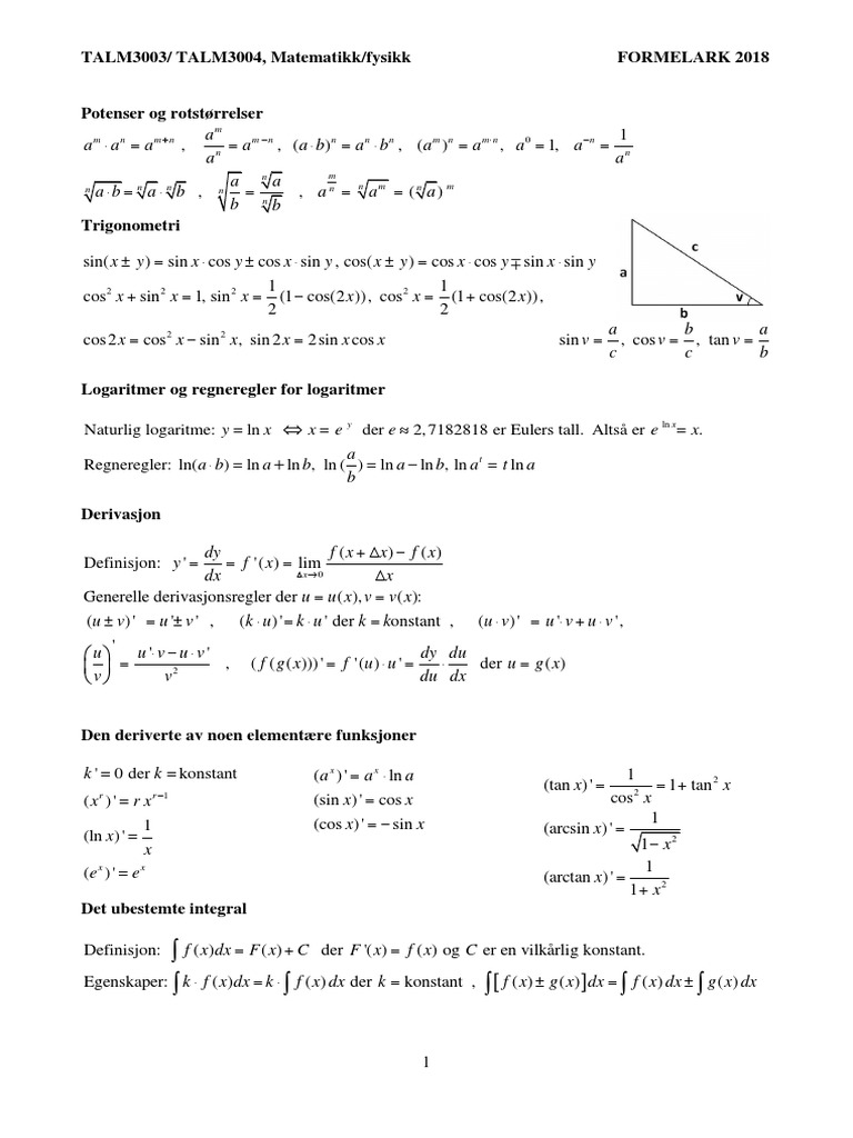 Fysikk Formelark BYGG.FYS Norges Teknisk Naturvitenskapelige