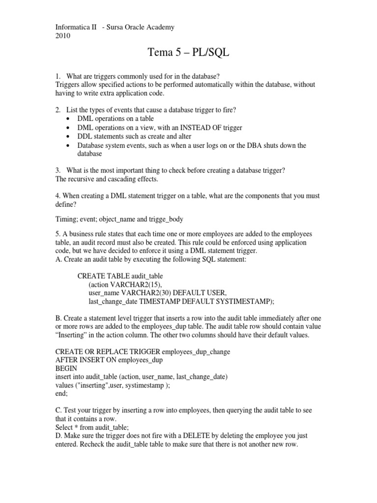 Tema 5 - PL/SQL: Informatica II - Sursa Oracle Academy 2010 | PDF ...