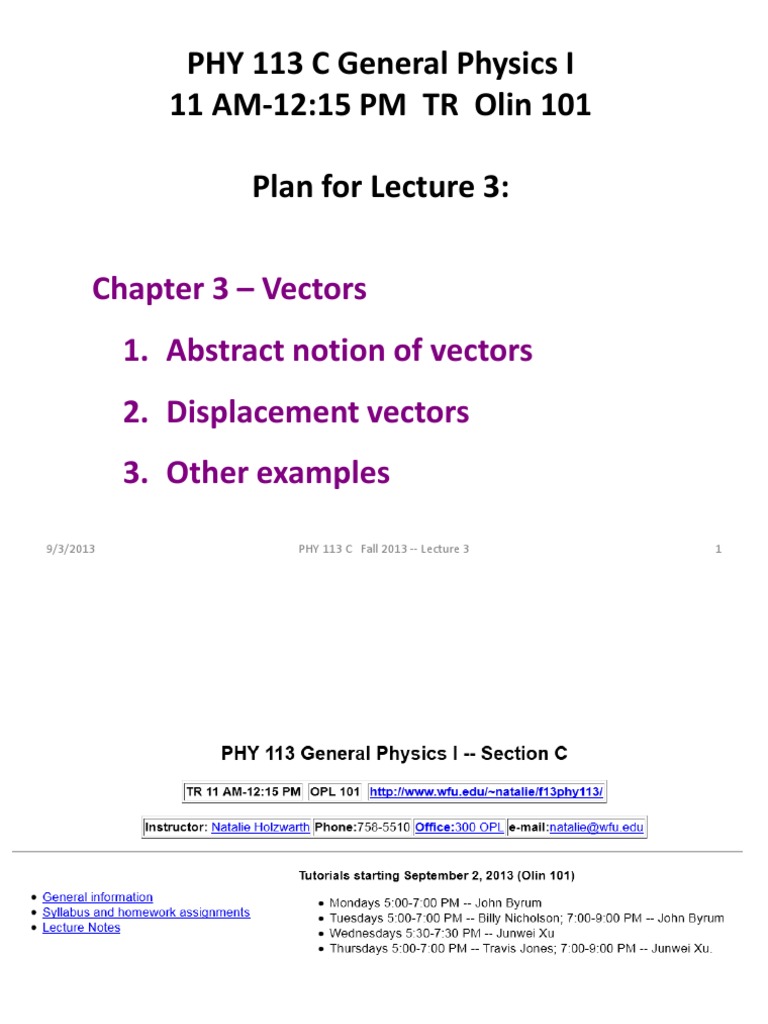 PHY 113 C General Physics I 11 AM-12:15 PM TR Olin 101 Plan For Lecture ...