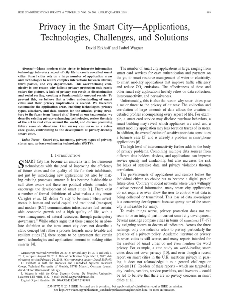 Privacy in The Smart City-Applications, Technologies, Challenges, and ...