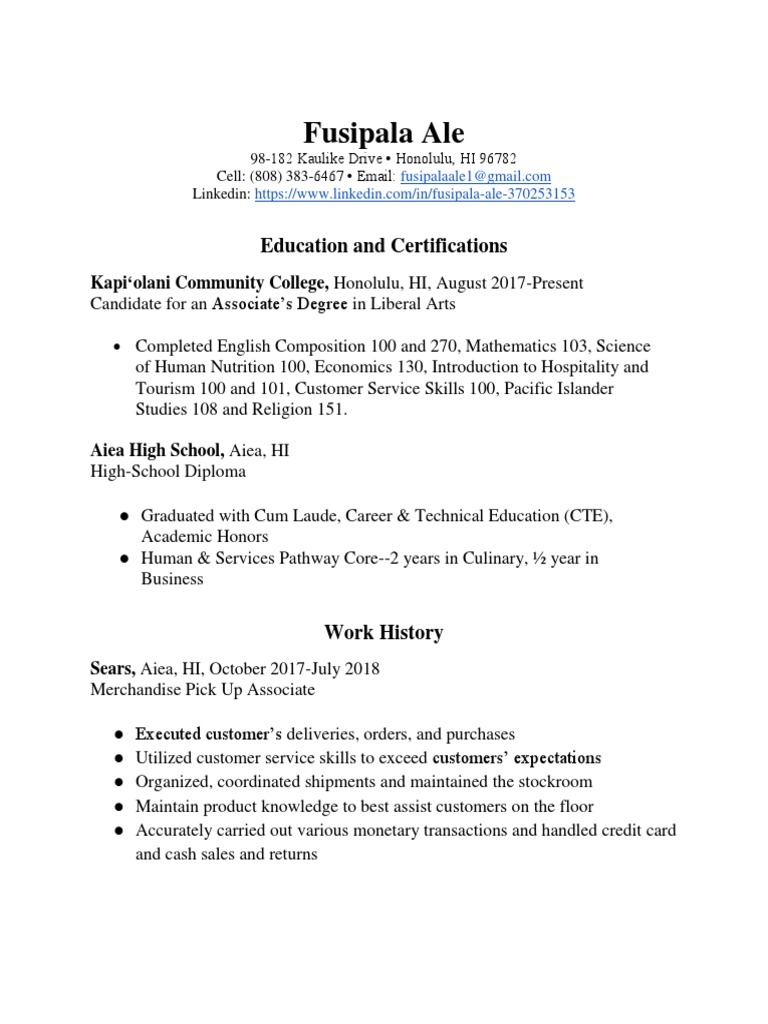 Fusipala Ale - Resume Overview | PDF