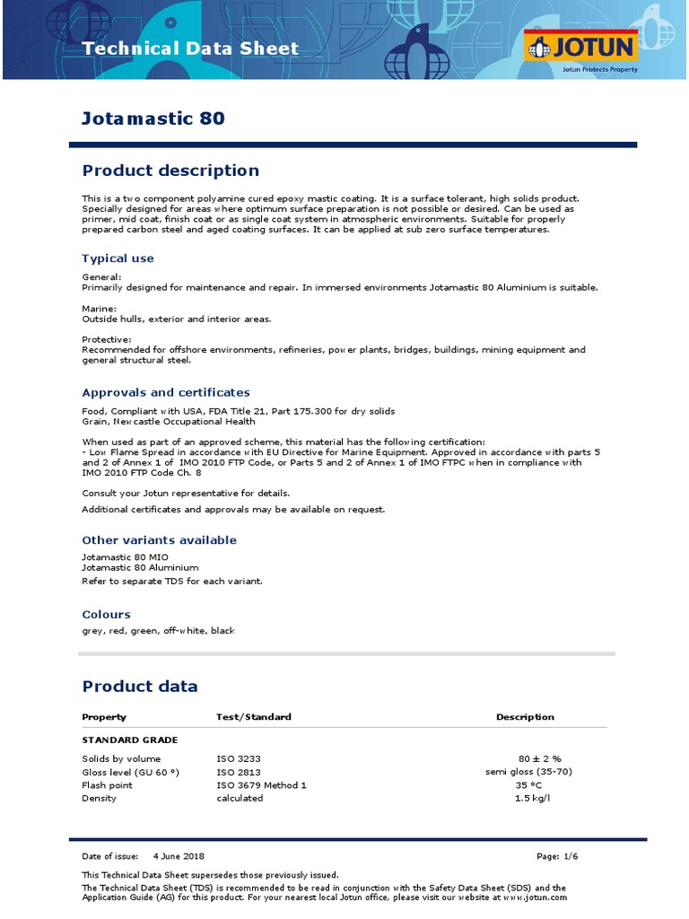 Jotamastic 80 Technical Data Sheet | Epoxy | Litre